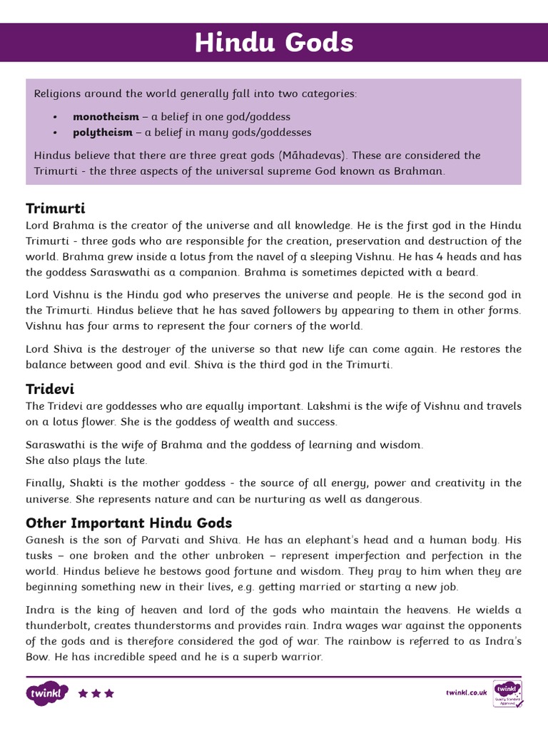 Hindu Gods Differentiated Reading Comprehension Activity | PDF | Devi ...