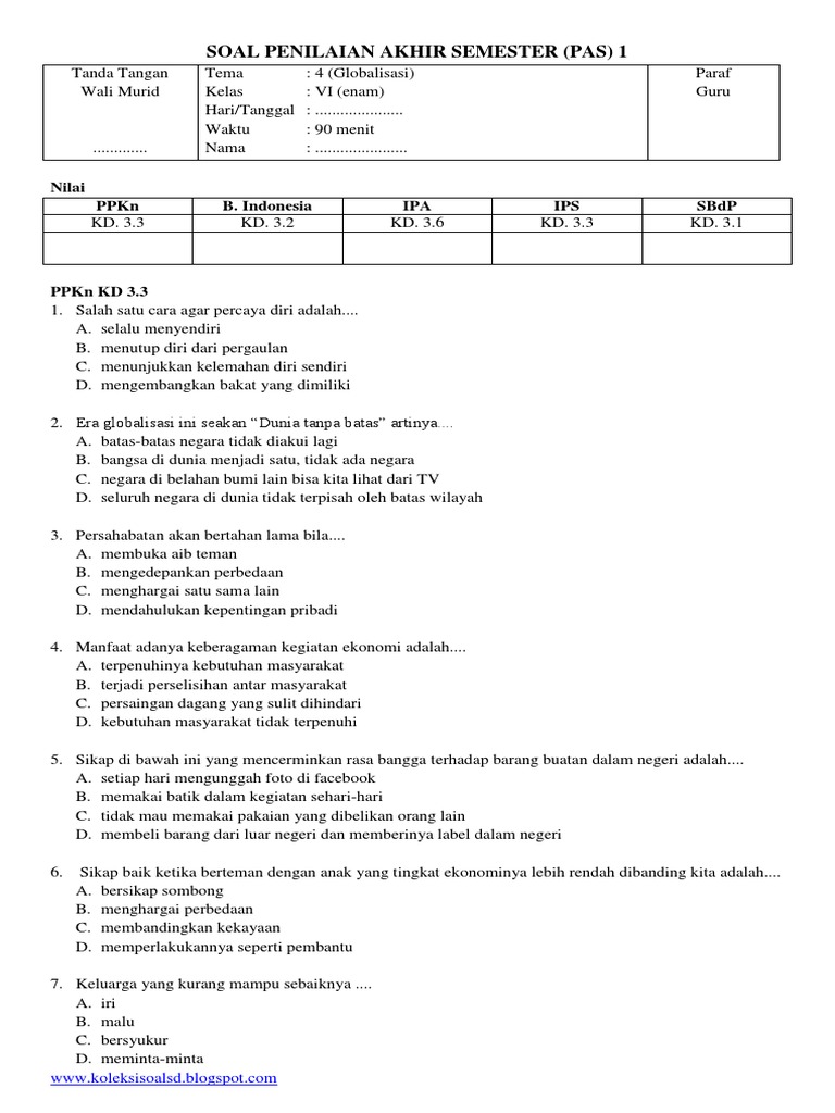 Soal Pas Kelas 6 Tema 4 | PDF