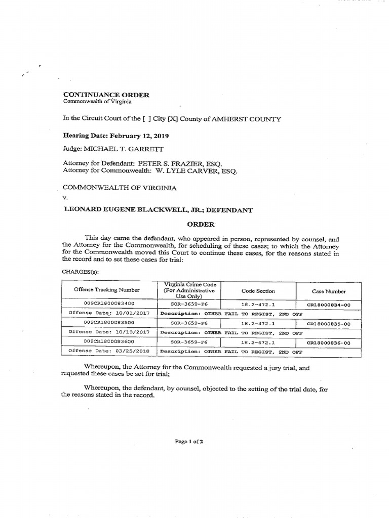 Continuance Order For Virginia V Leonard Eugene Blackwell JR On Failure ...