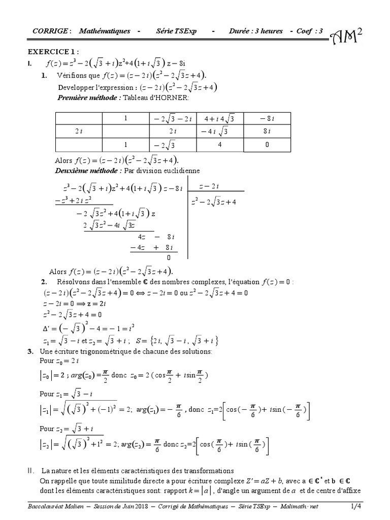 Baccalauréat Malien Session de Juin 2018 Corrigé de Mathématiques Série ...