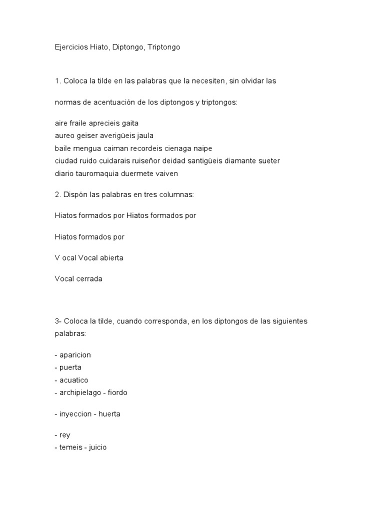 Ejercicios Hiato, Diptongo | PDF