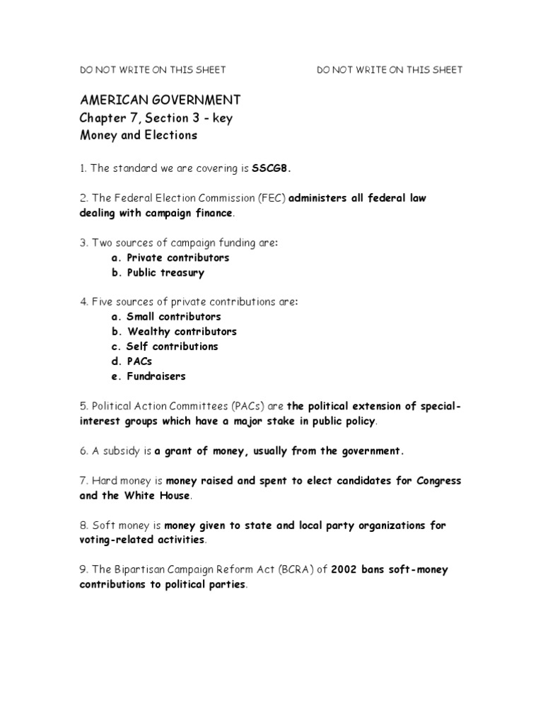 American Government Chapter 7, Section 3 - Key Money and Elections | PDF