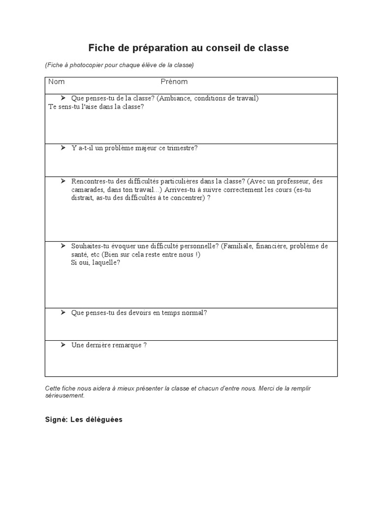 Fiche de Préparation Au Conseil de Classe Jayn | PDF | Évolution de ...