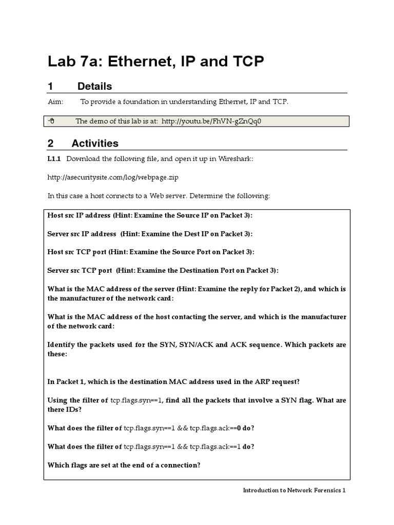 Lab 7a: Ethernet, IP and TCP: 1 Details | PDF | Public Key Certificate | Transmission Control ...