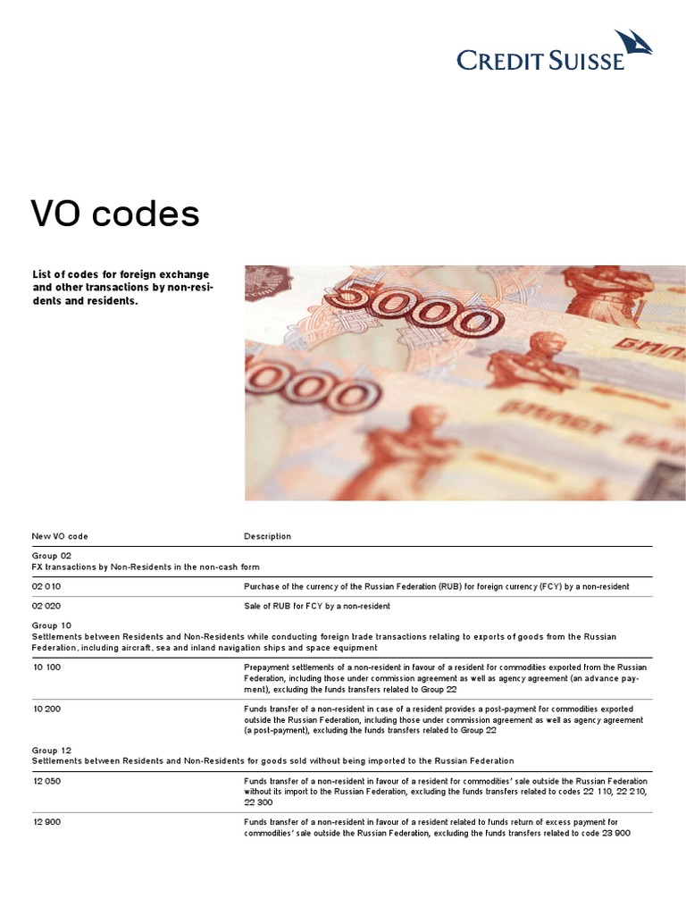 VO Codes: List of Codes For Foreign Exchange and Other Transactions by ...