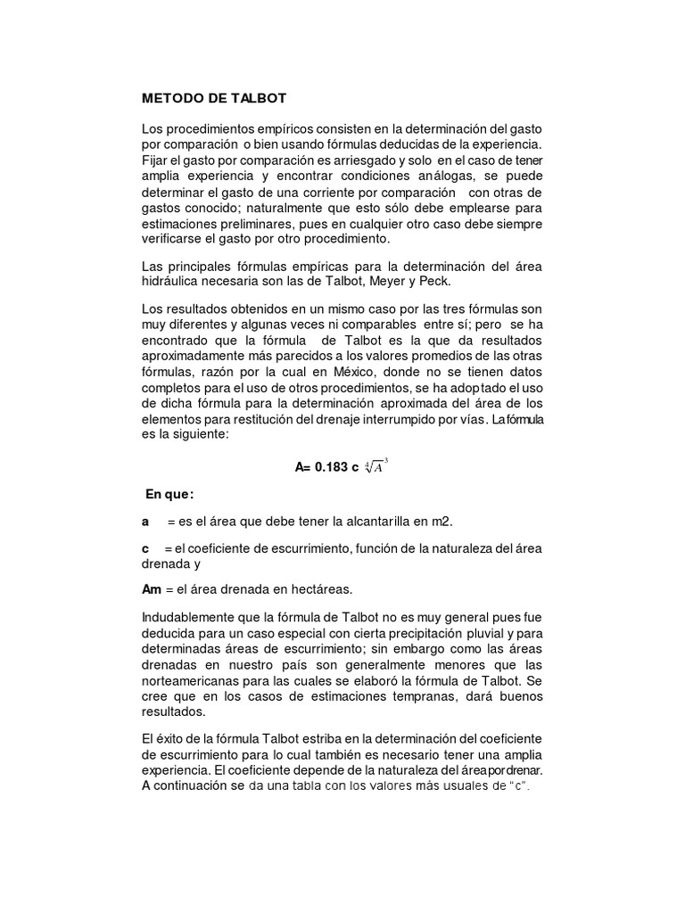 Fórmula Talbot para Drenaje en México | PDF