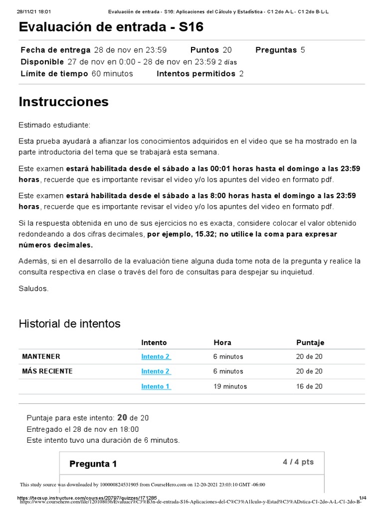 Evaluaci N de Entrada S16 Aplicaciones Del C Lculo y Estad Stica C1 2do ...