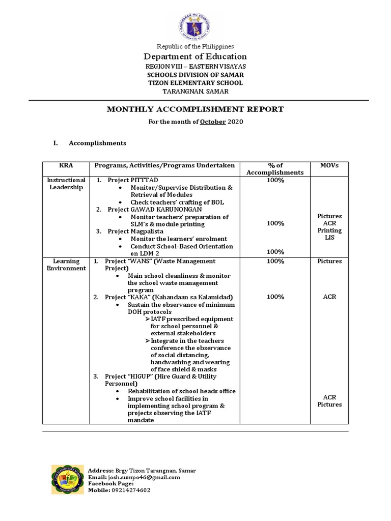 MONTHLY ACCOMPLISHMENT REPORT October | PDF