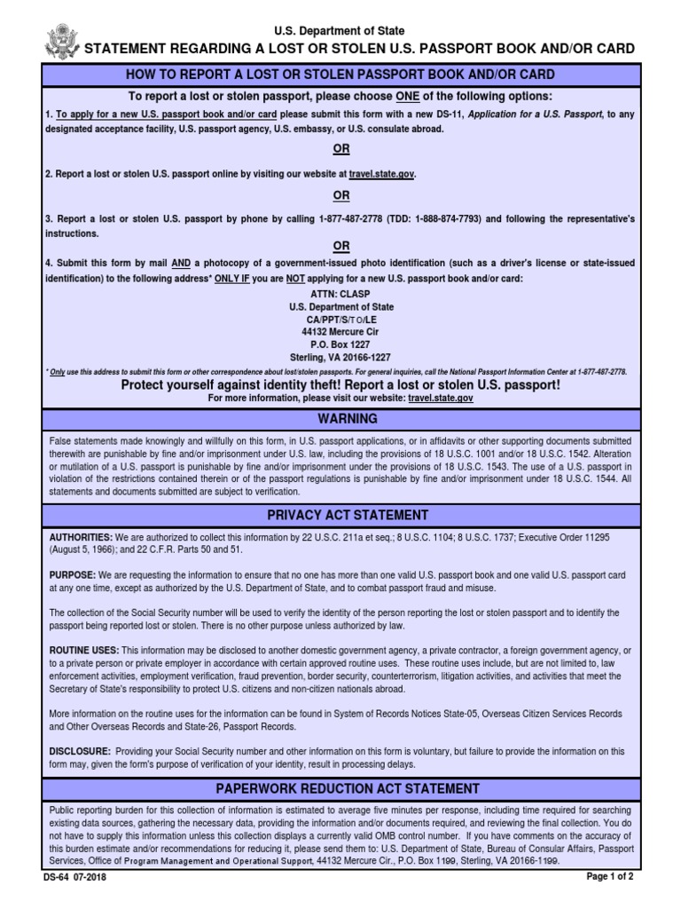 Statement Regarding A Lost or Stolen U.S. Passport Book And/Or Card ...