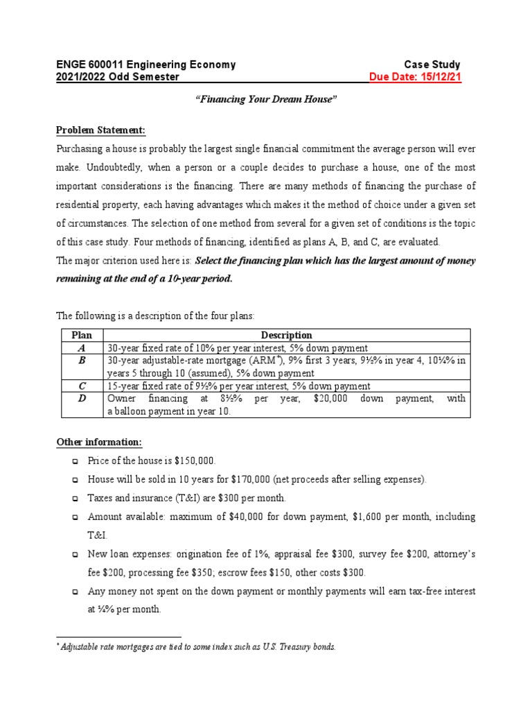 Engineering Economics Case Study | PDF | Interest | Mortgage Loan