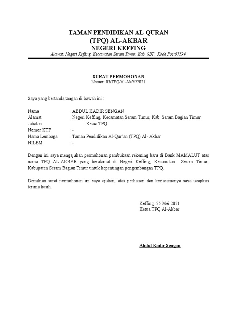 Permohona Buka Rek. TPQ | PDF