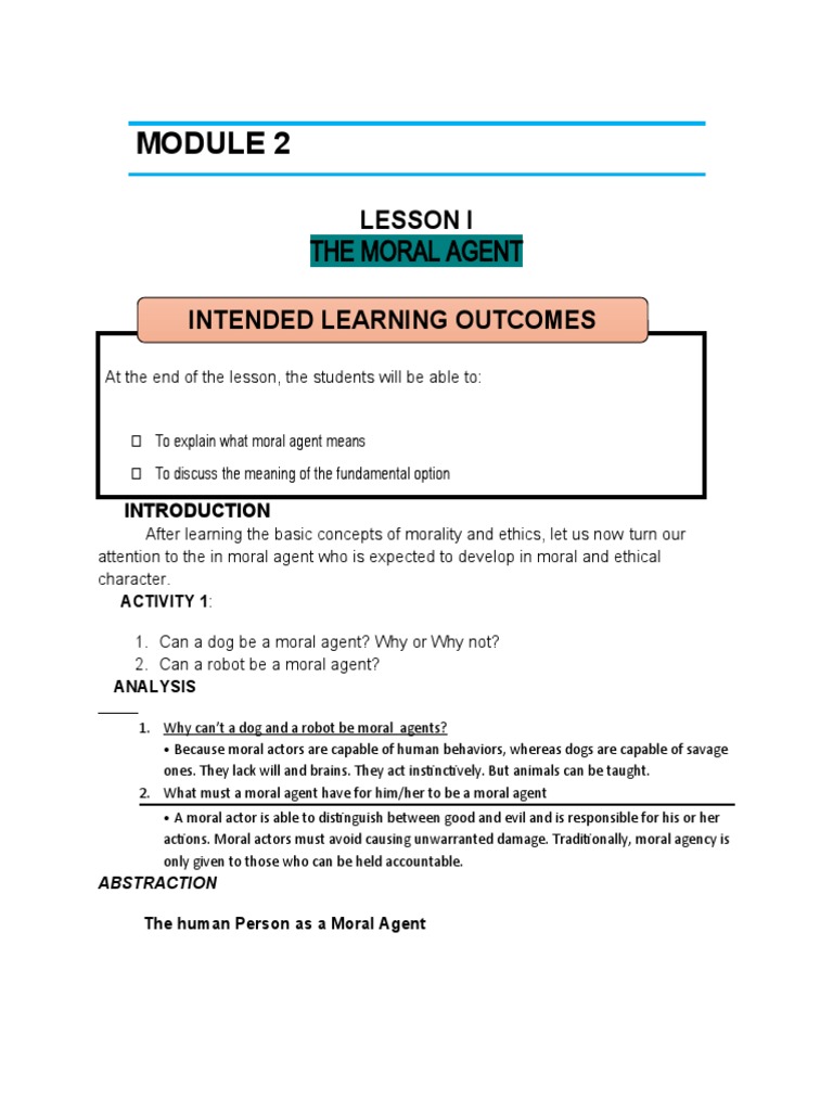 MODULE 2 Lesson 1 The Moral Agent | PDF | Existentialism | Good And Evil