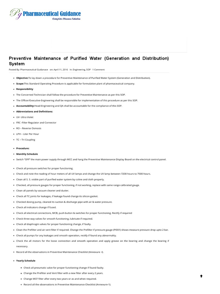 Preventive Maintenance of Purified Water (Generation and Distribution) System - Pharmaceutical ...