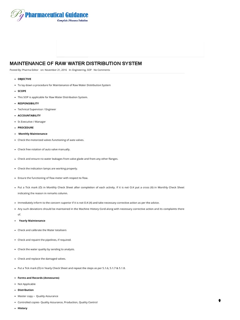 Raw Water Distribution System SOP | PDF
