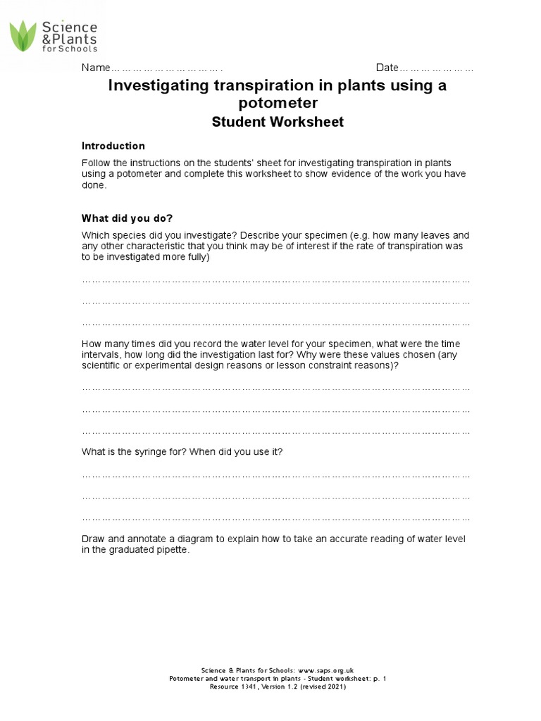 SAPS - Potometer and Water Transport in Plants - Student Worksheet ...