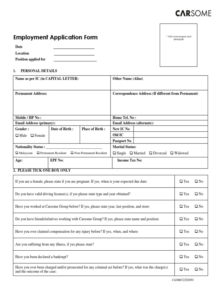 Carsome Employment Application Form | PDF | Employment | Information ...