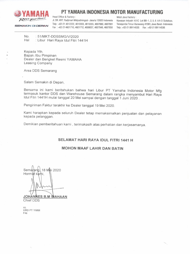 Surat Pemberitahuan Libur Lebaran 2020 | PDF