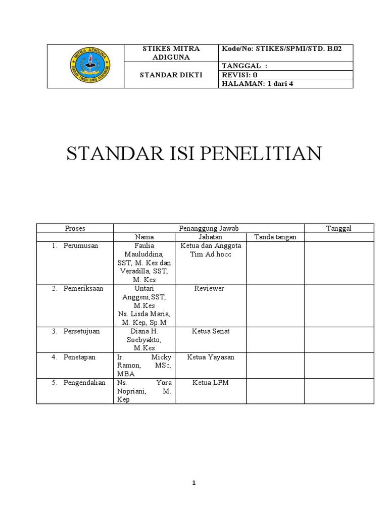 Standar Isi Penelitian STIKES Mitra Adiguna | PDF