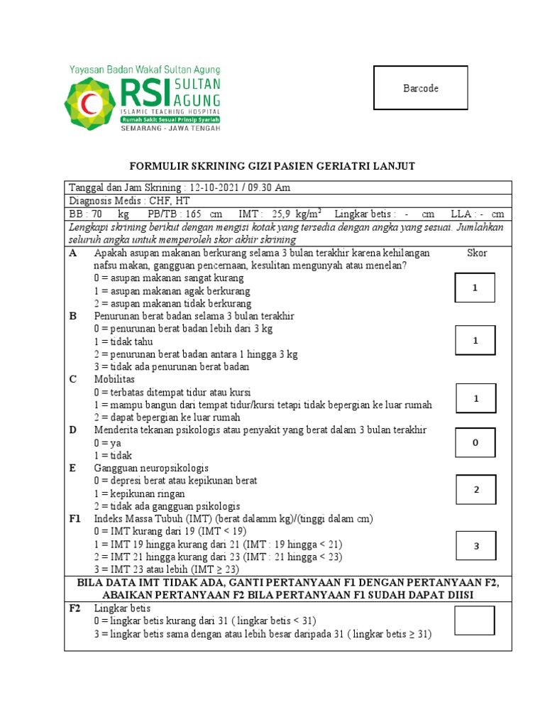 Formulir Skrining Gizi Pasien Geriatri Lanjut | PDF