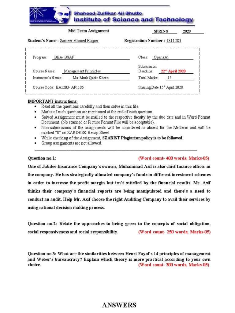 BBA Management Principles Midterm Assignment | PDF | Max Weber | Labour ...