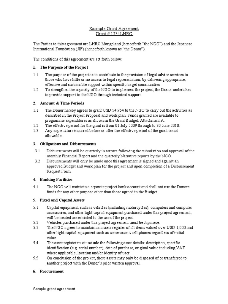 Example Grant Agreement Grant # 1234LHRC: 1. The Purpose of The Project ...