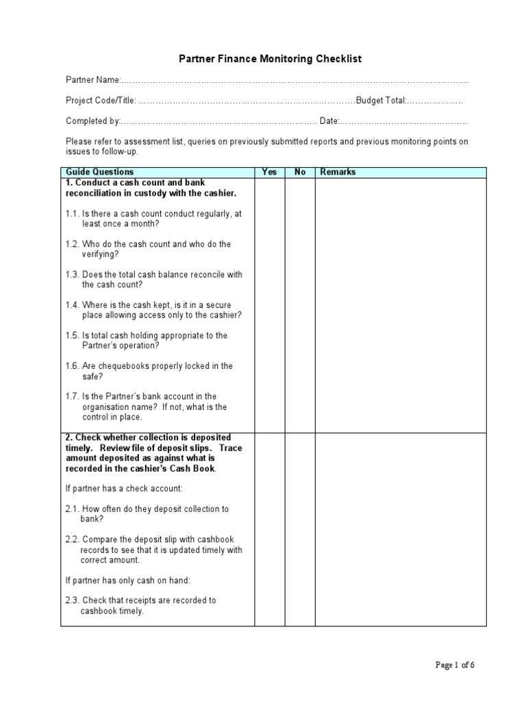 Partner Finance Monitoring Checklist | PDF | Receipt | Voucher