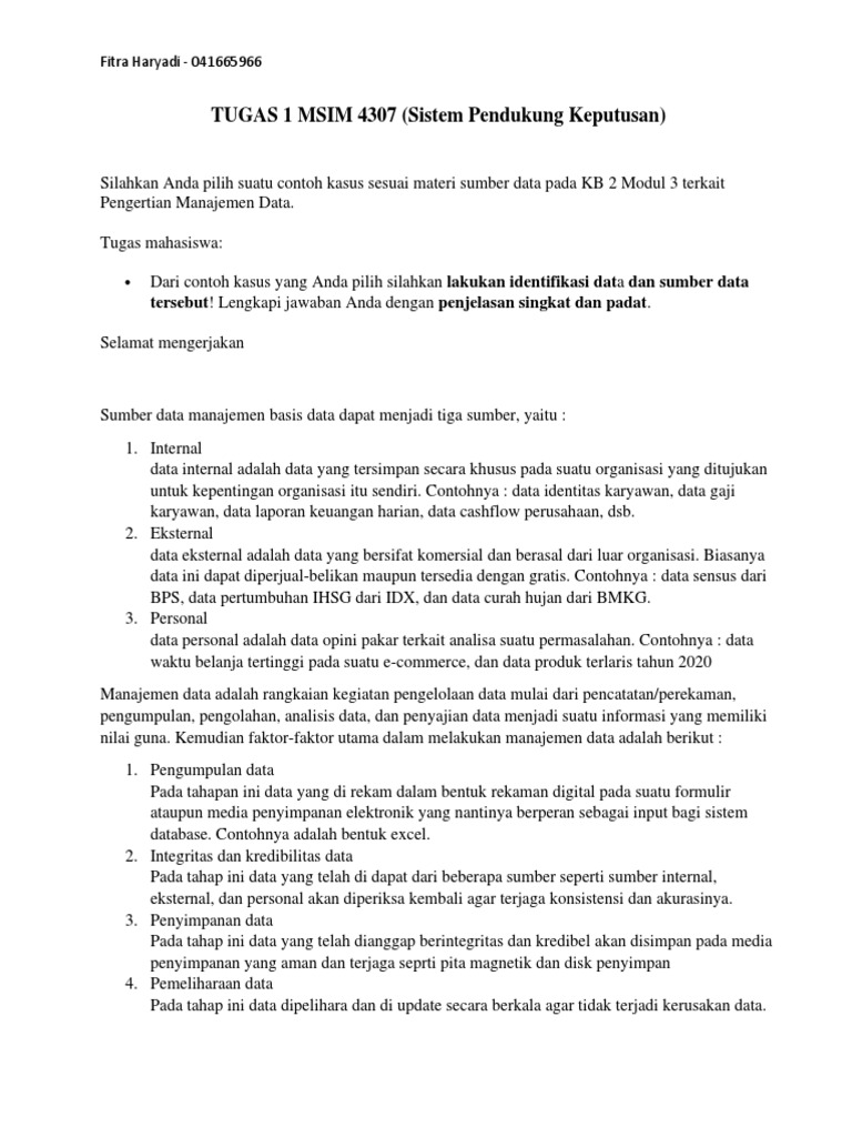 Tugas 1 Msim 4307 - Fitraharyadi - 041665966 | PDF