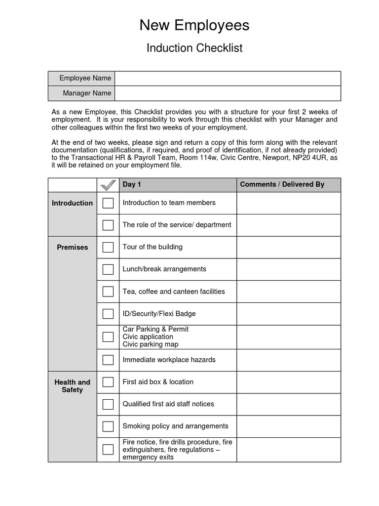 HR New Employees Induction Checklist | PDF | Employment | Occupational ...