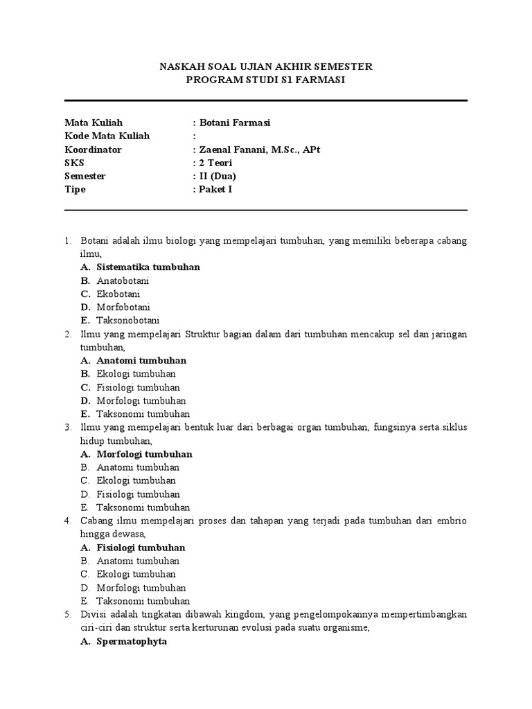 Soal UAS Botani Farmasi Semester 2 | PDF | Griya & Taman | Kesehatan Holistik