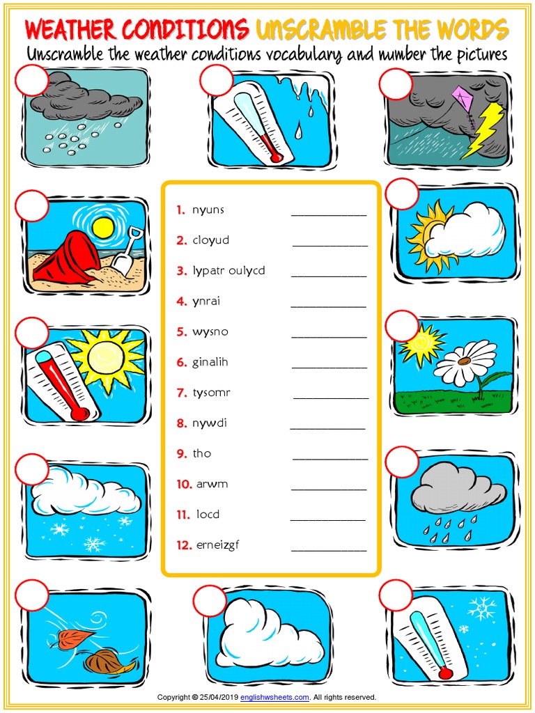 Weather Conditions Vocabulary Esl Unscramble The Words Worksheet For ...