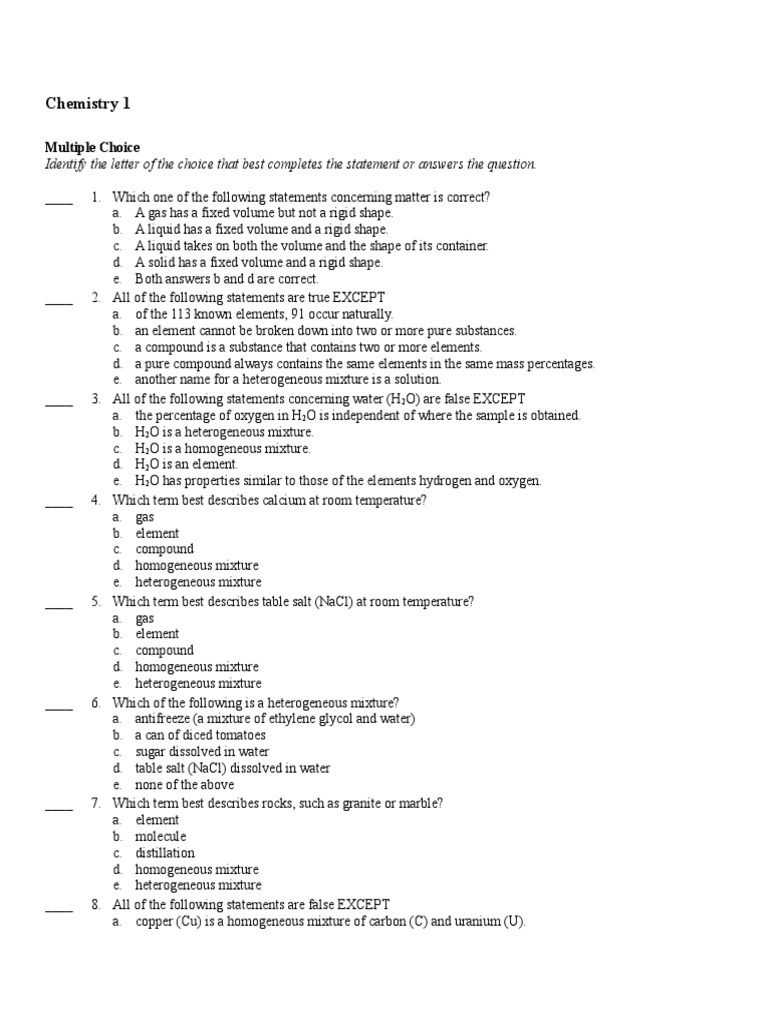 Chemistry Concepts and Properties Quiz | PDF | Celsius | Mixture