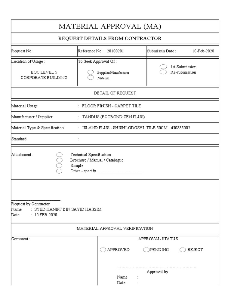Material Approval (Ma) : Request Details From Contractor | PDF ...