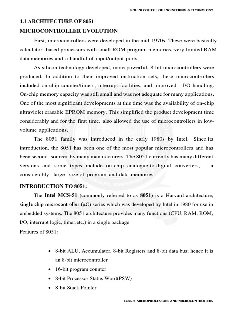 4.1 Architecture of 8051 Microcontroller Evolution: Rohini College of Engineering & Technology ...