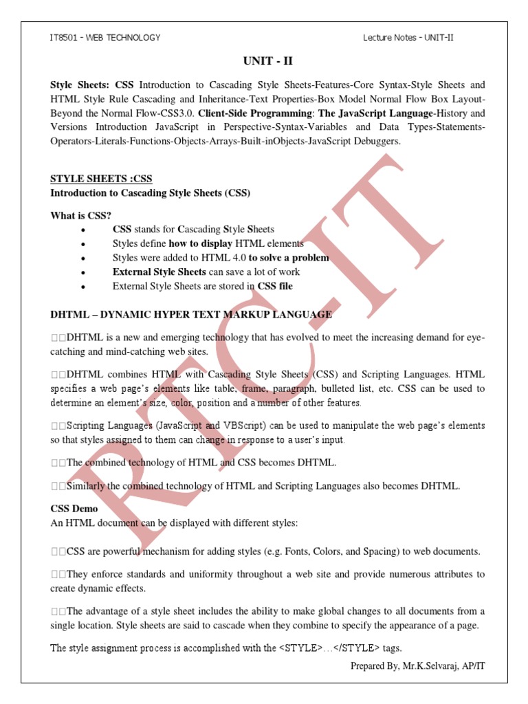 It8501 - Web Technology Lecture Notes - UNIT-II | PDF | Dynamic Html | Html