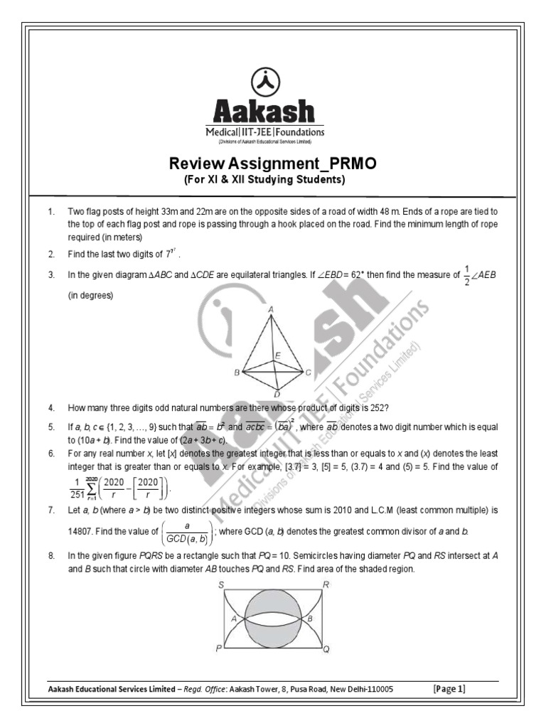 Review Assignment - PRMO: (For XI & XII Studying Students) | PDF | Triangle | Circle