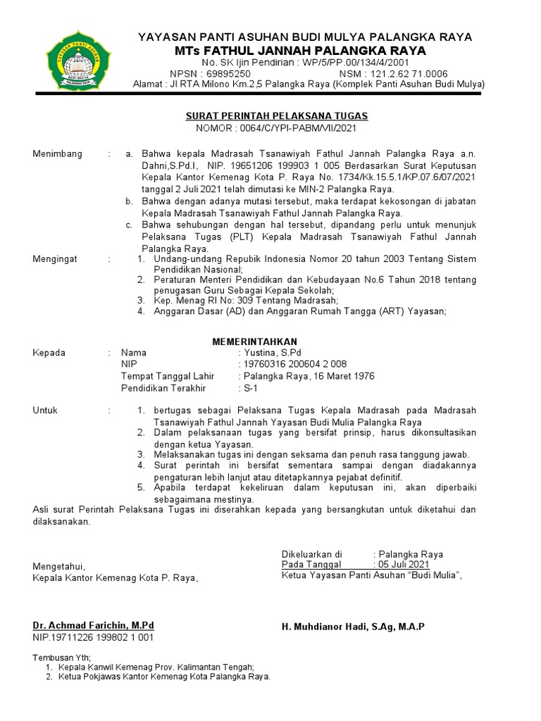Contoh SK PLT Kepala MTs | PDF