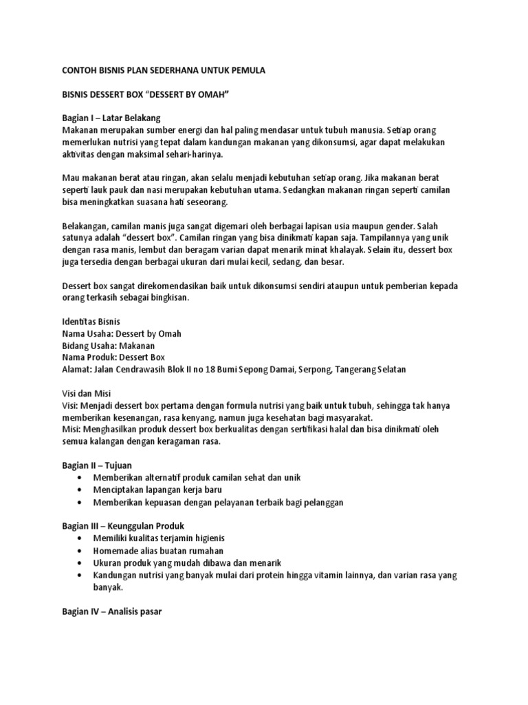 Contoh Bisnis Plan Sederhana Untuk Pemula | PDF