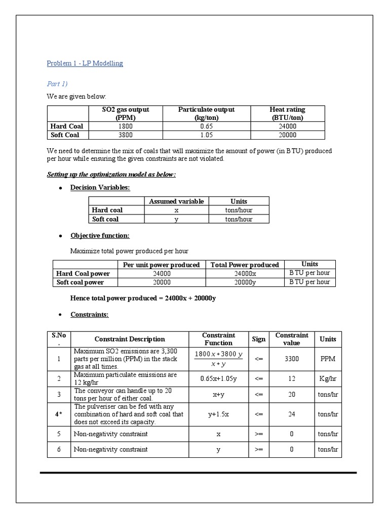 Part 1) : Problem 1 - LP Modelling | PDF | Mathematical Optimization ...