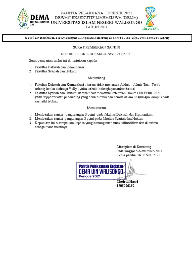 01-Surat Pemberian Sanksi | PDF