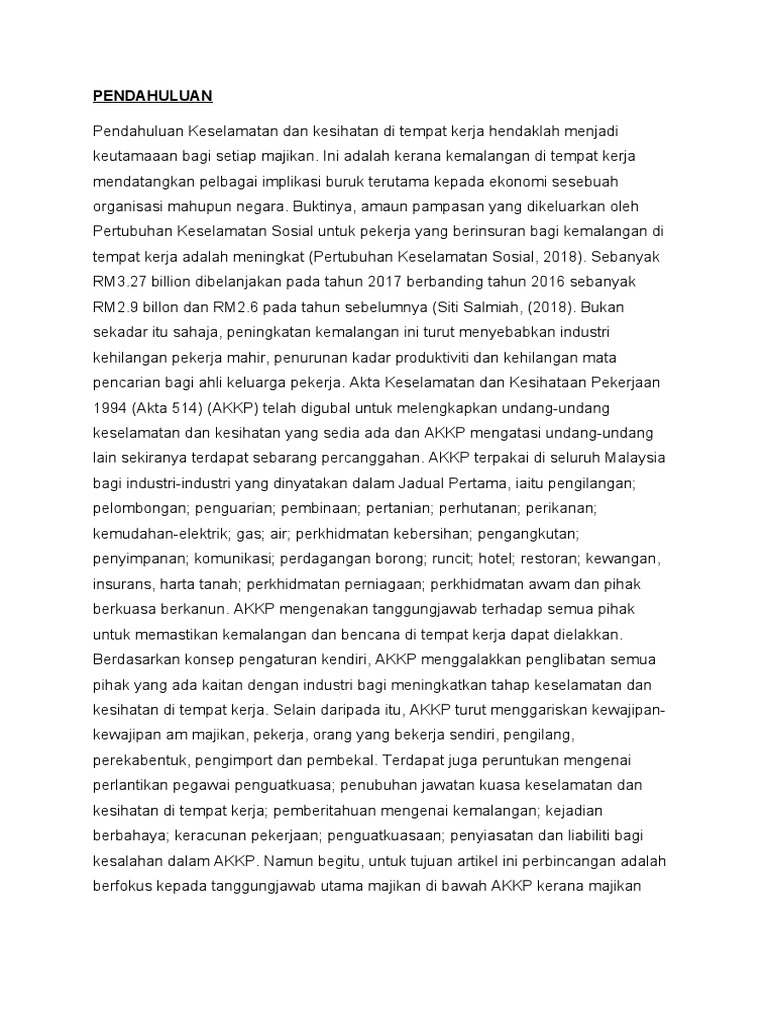 Pendahuluan Akta Keselamatan Dan Kesihatan Pekerja Osha | PDF
