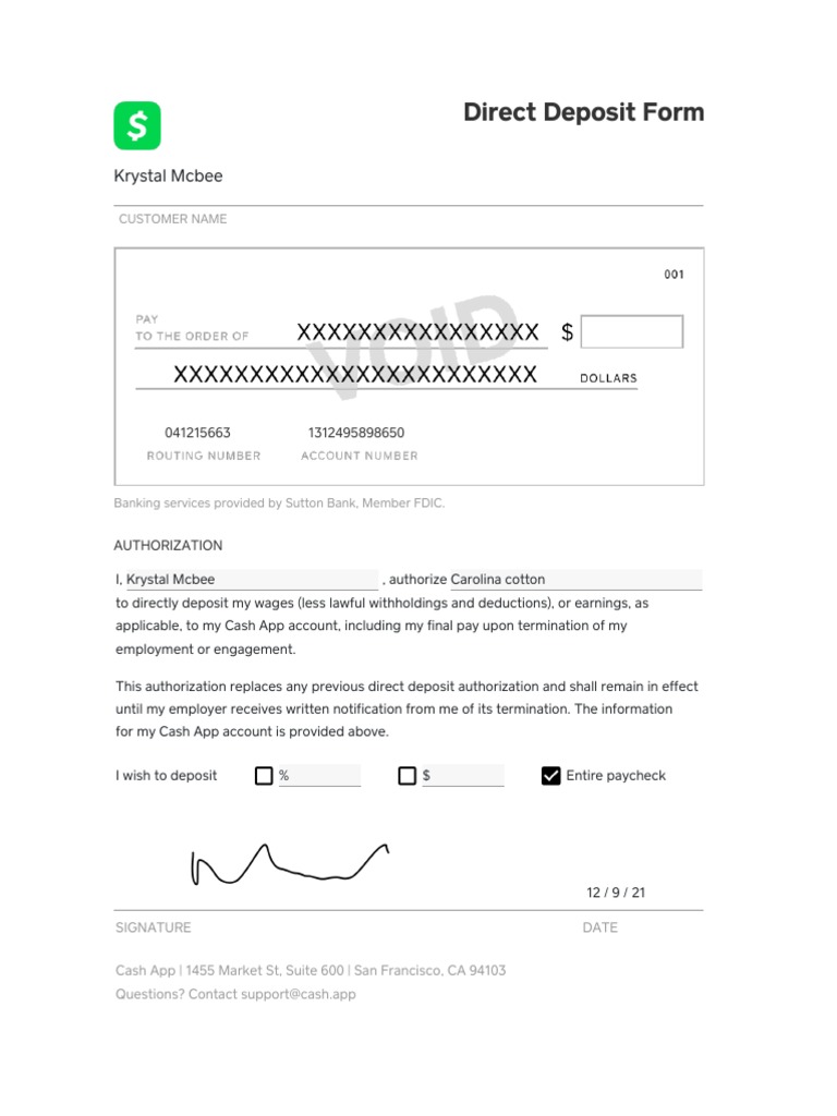 Direct Deposit Authorization Form Krystal Mcbee | PDF