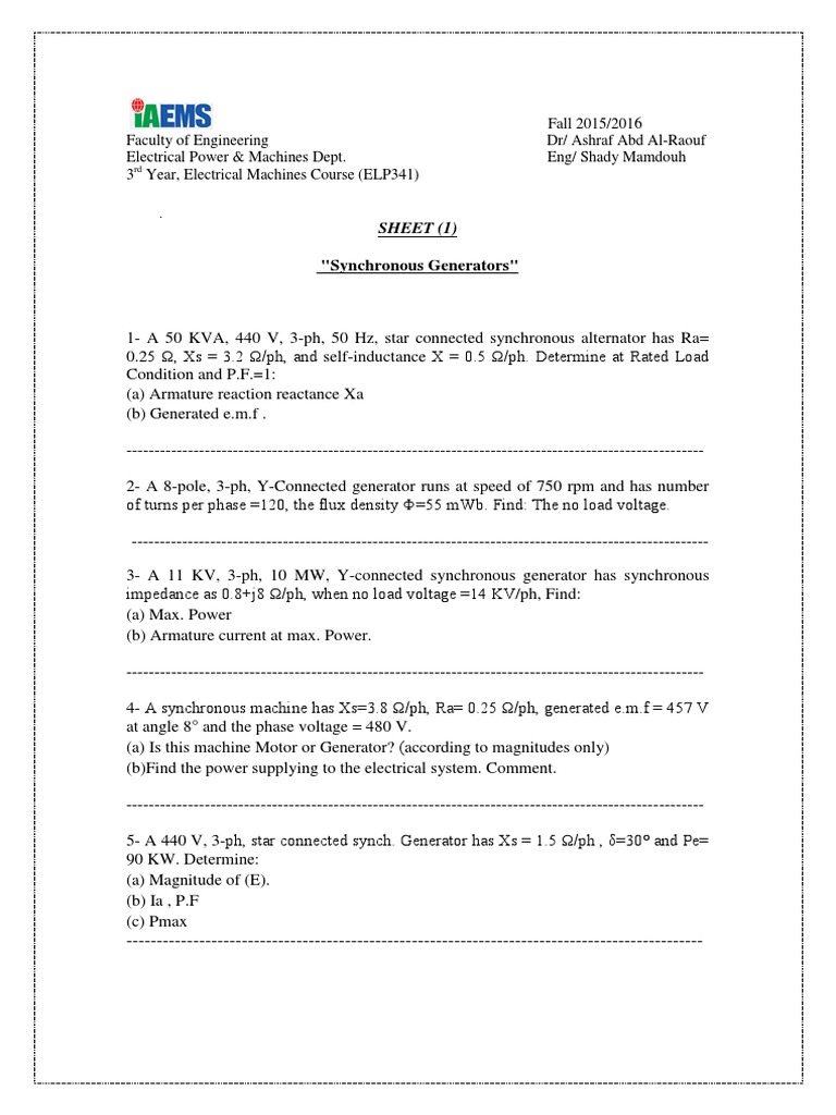 Sheet (1) Syn Gen | PDF | Electric Generator | Physical Quantities