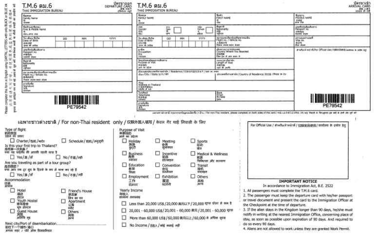Thailand TM6 Arrival and Departure Card 2021 | PDF