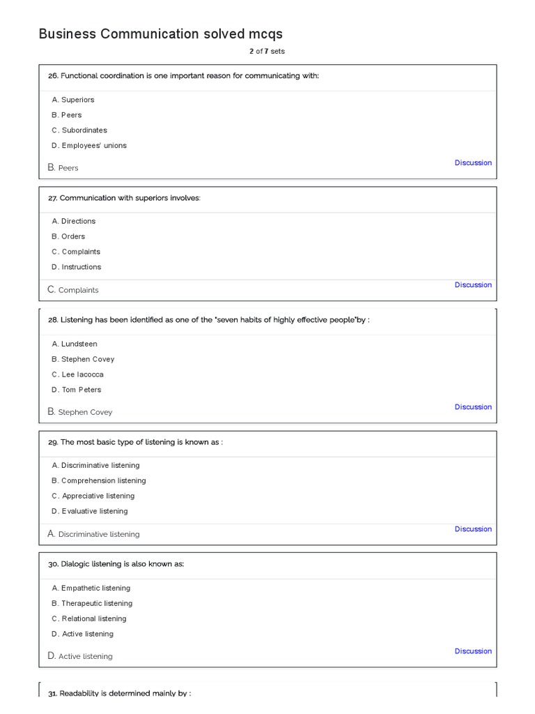 Business Communication MCQs Solved | PDF | Multiple Choice | Communication