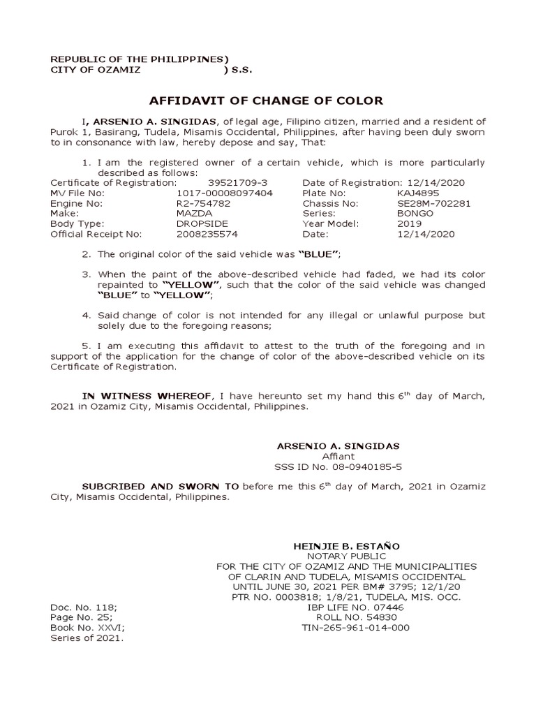 Affidavit of Change of Vehicle Color from Blue to Yellow | PDF ...