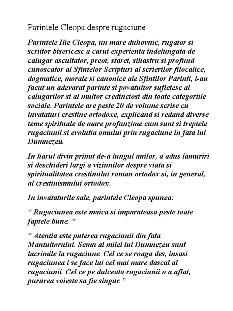 Parintele Cleopa Despre Rugaciune | PDF