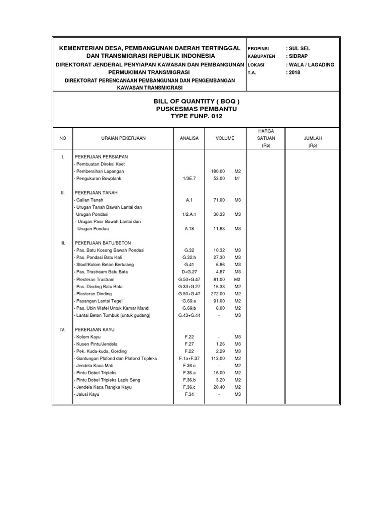 Contoh BOQ PUSTU | PDF