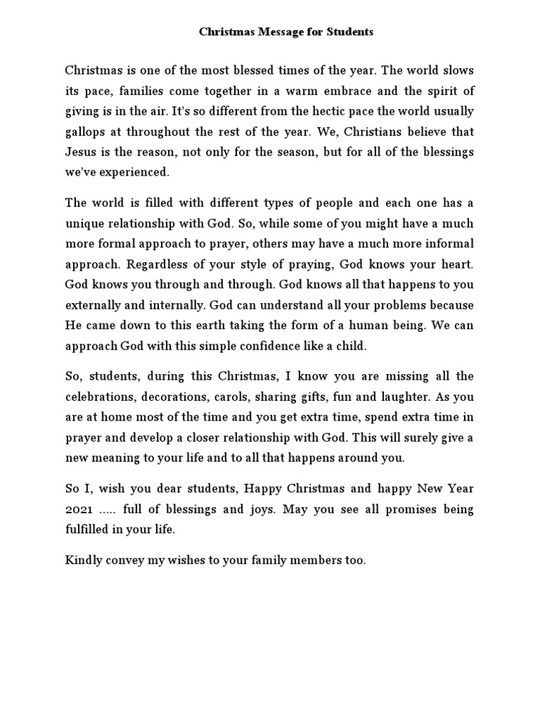Christmas Message for Students Encourages Prayer and God's Blessings ...