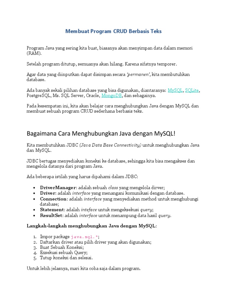 CRUD Java dengan MySQL: Panduan Lengkap | PDF | Metode & Bahan Ajar