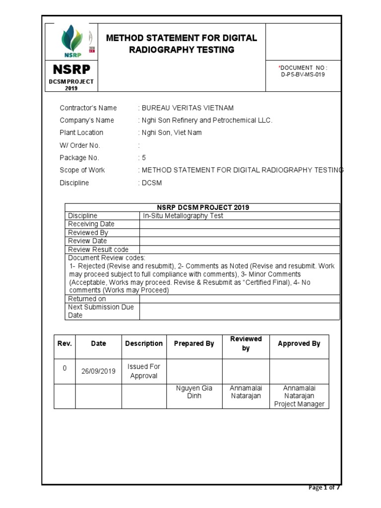 Method Statement For Digital Radiography Testing: DCSM Project 2019 ...